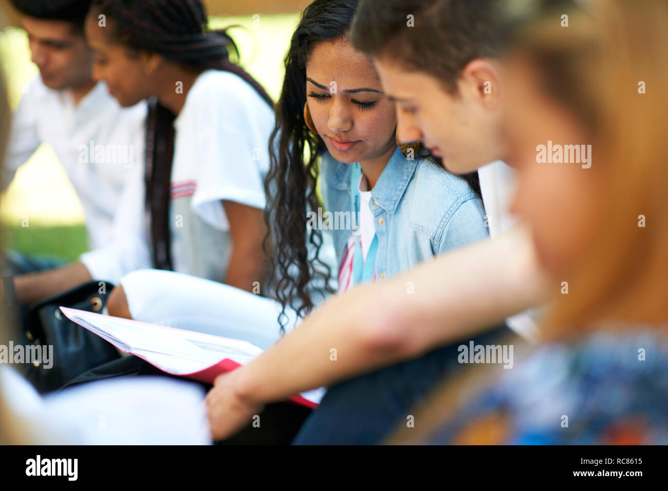 Higher education students looking at paperwork on college campus lawn ...