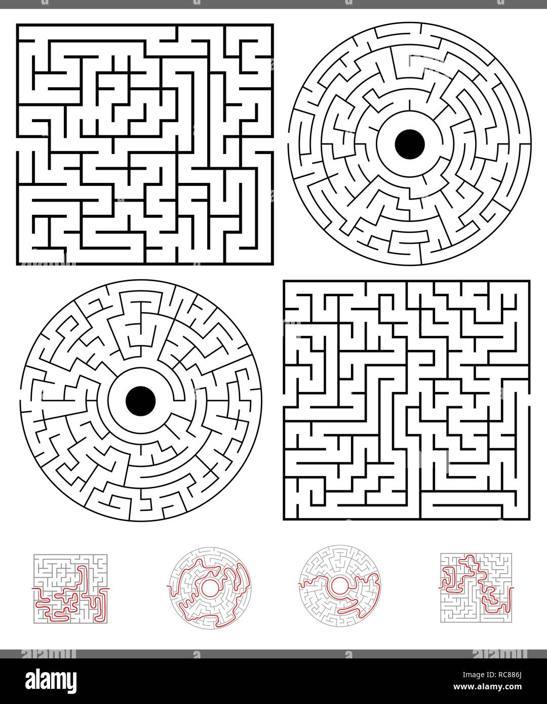 Illustration of Black and White Mazes Leisure Games Set with Solutions ...