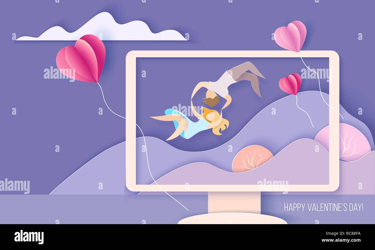 Valentines day card with couple holding handsand fall in love on sky ...