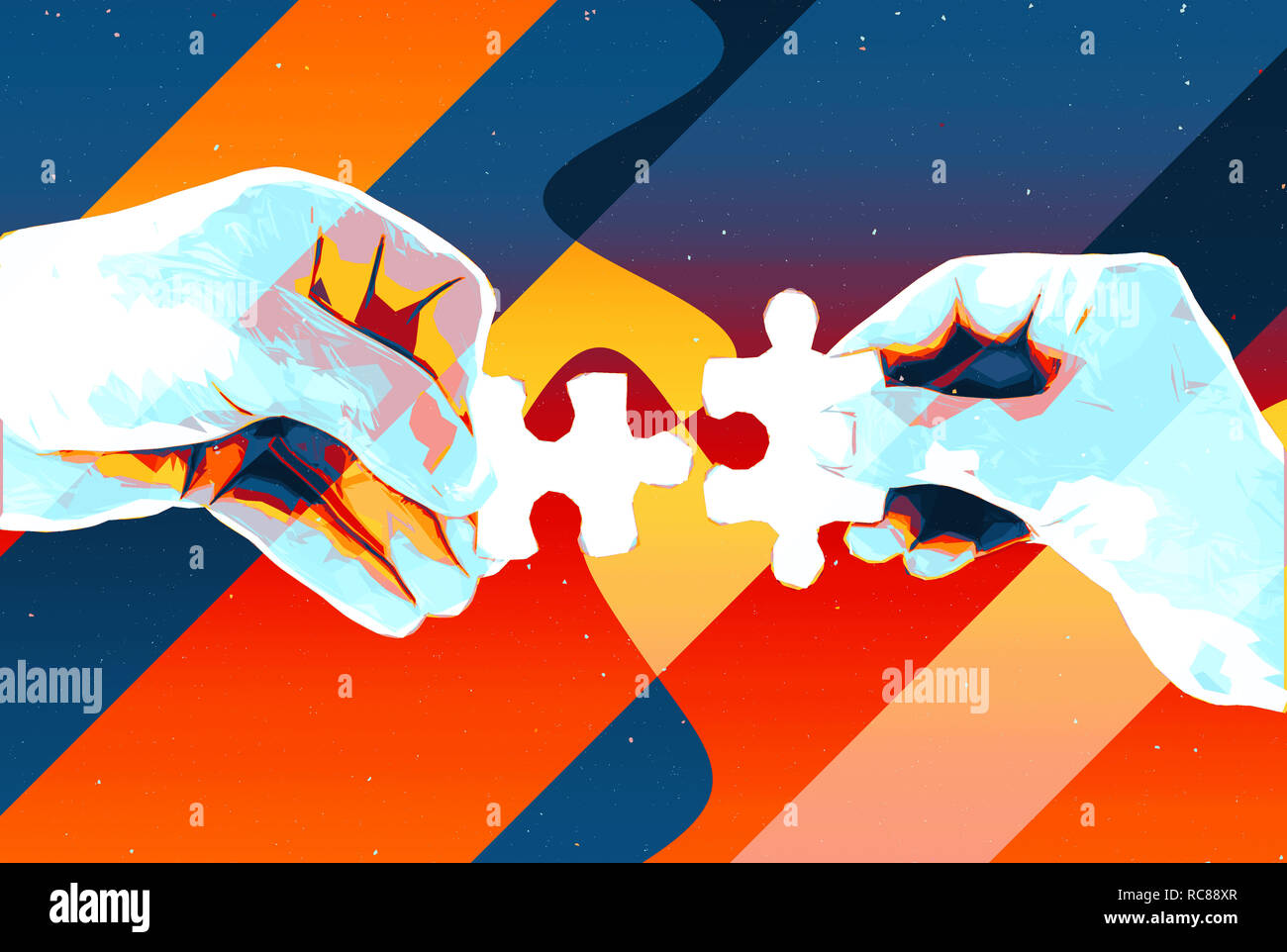 Hands with two puzzle pieces abstract background , modern illustration ...
