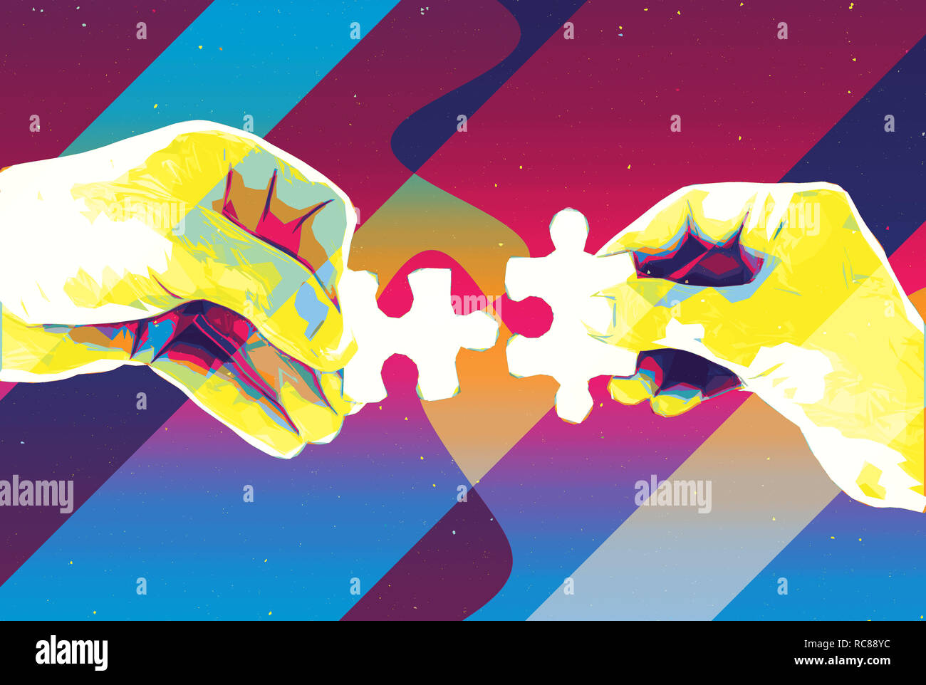 Hands with two puzzle pieces abstract background , modern illustration ...