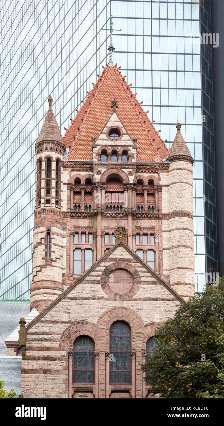 Trinity Church in front of glass facade, Copley Square, Boston ...