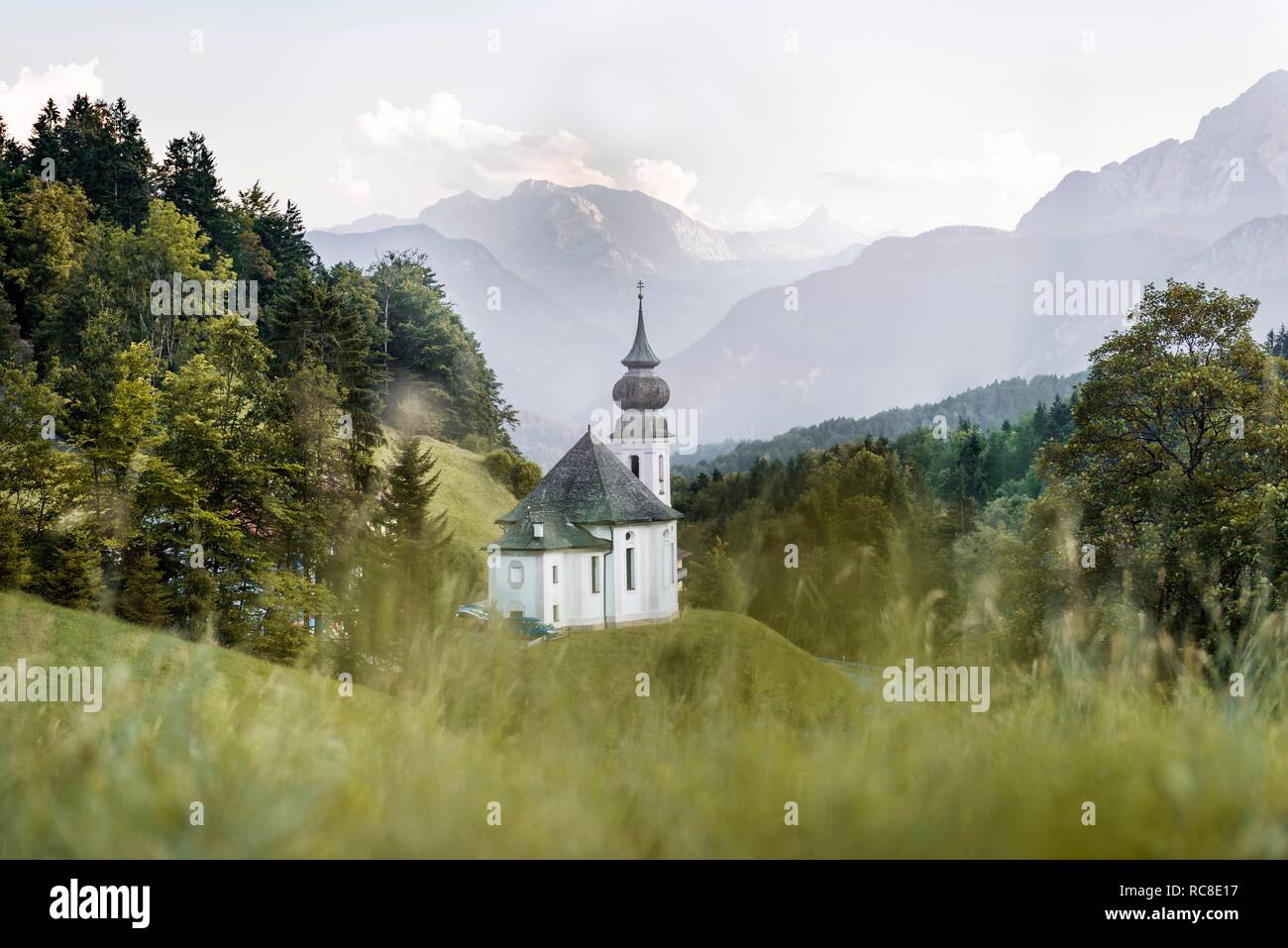 Maria Gern pilgrimage church, view of the Watzmann from the high valley ...