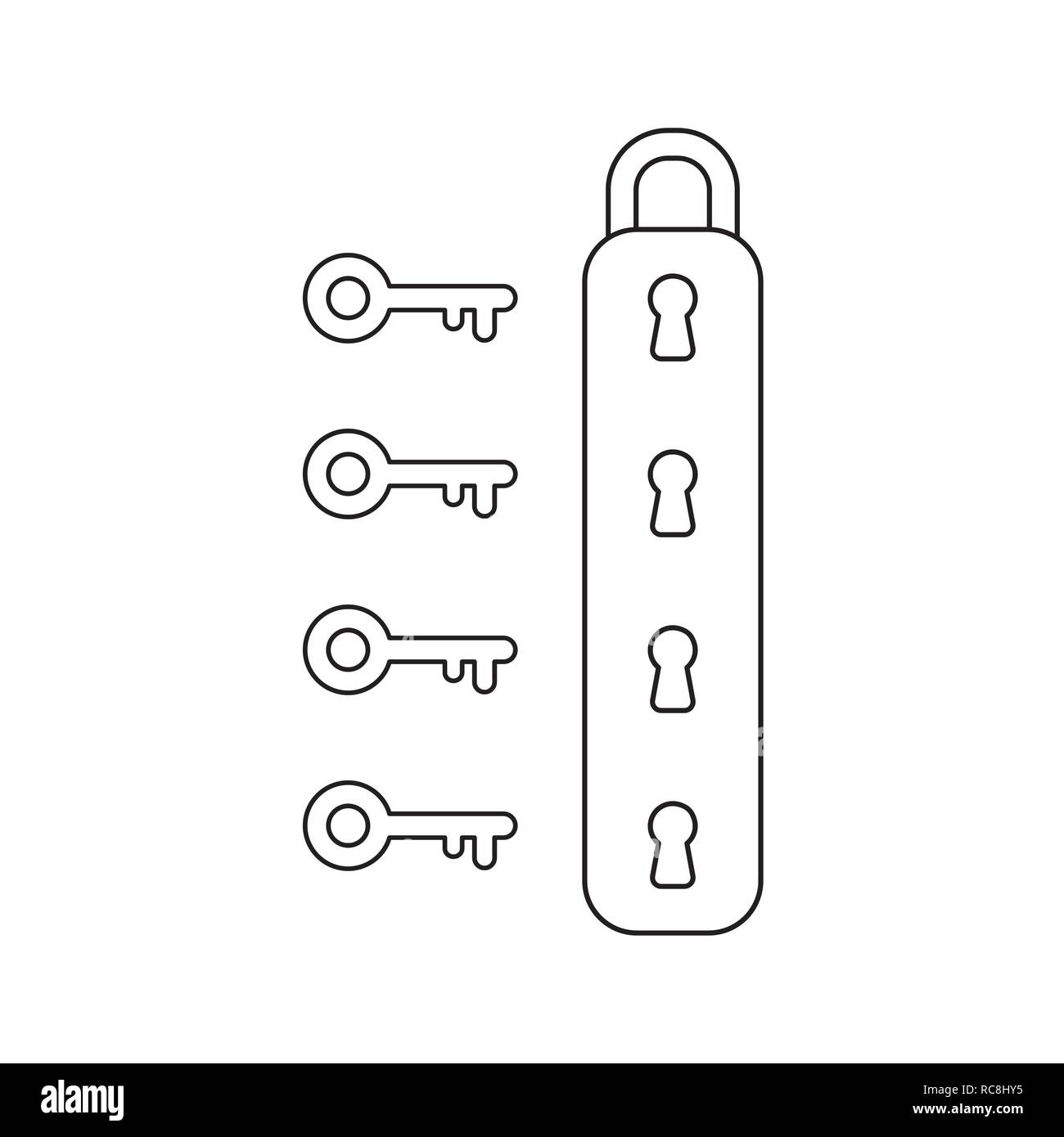 Vector illustration icon concept of padlock with four keyholes and keys ...