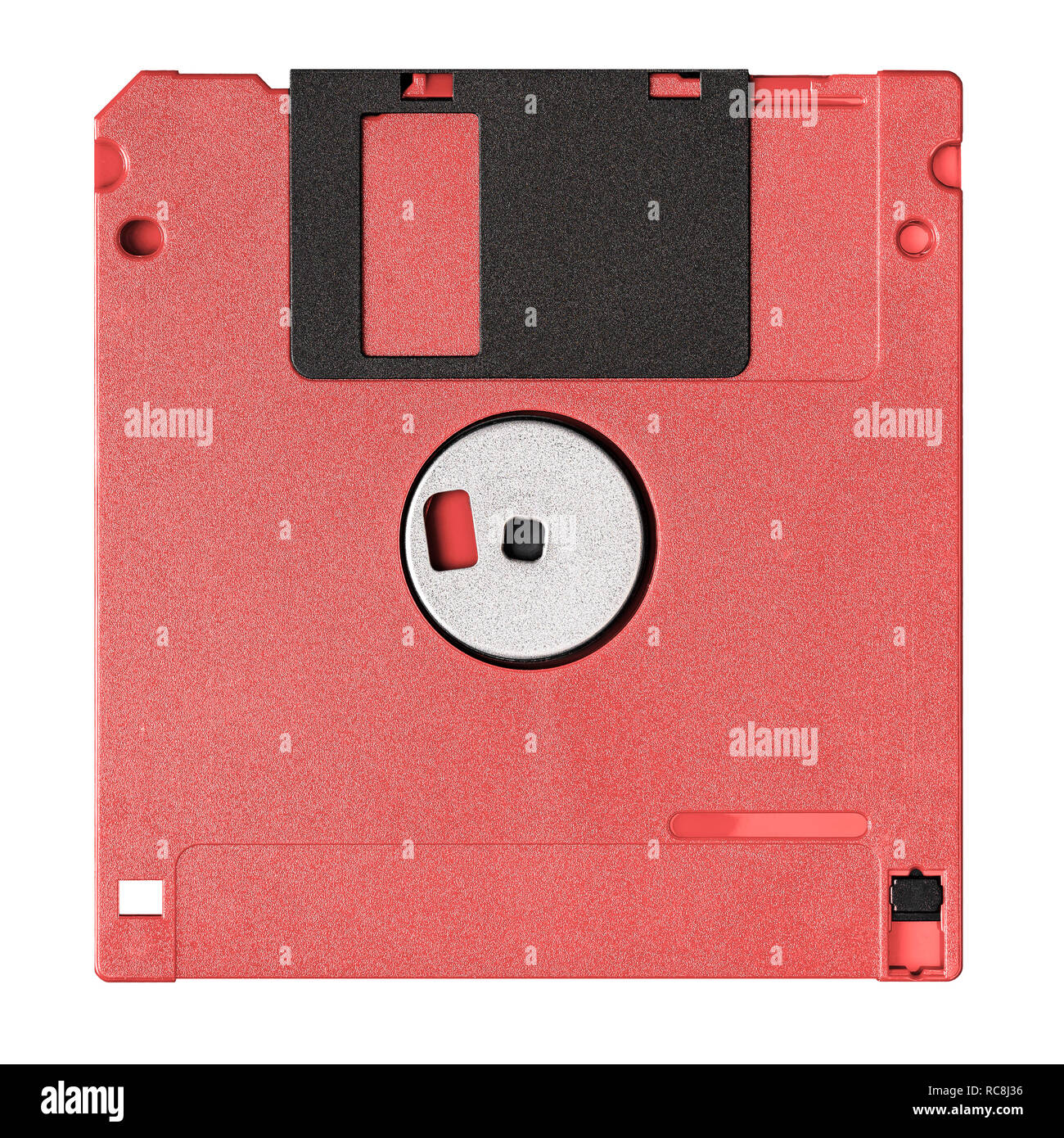 Standard blue floppy disk isolated on white background. Backside view ...