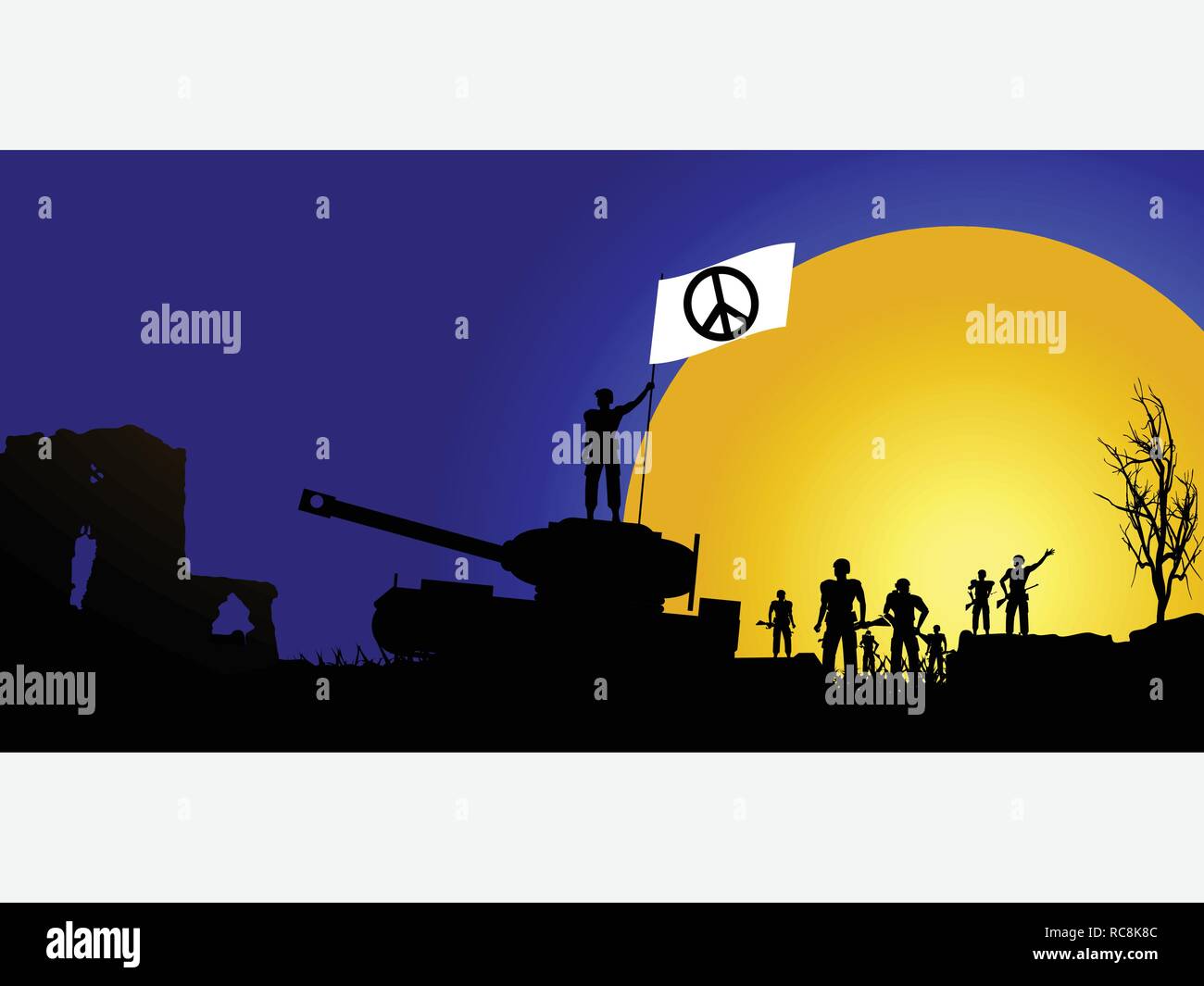 Horizontal Panel with Silhouette of Soldiers and Tank with White Flag ...