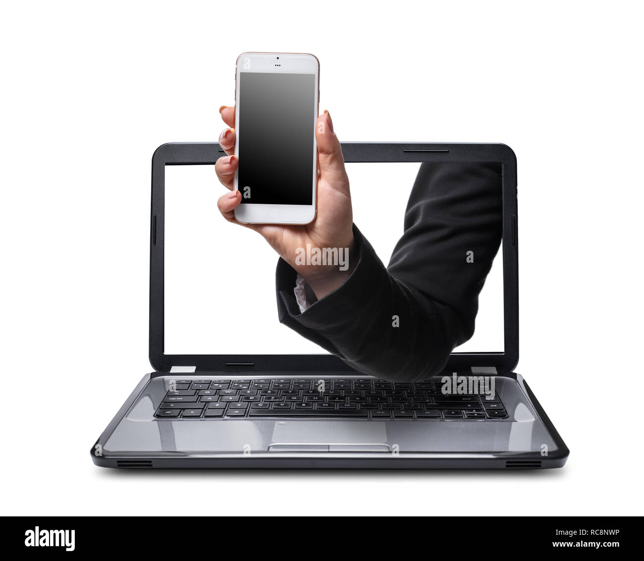 hand with mobile phone coming out of laptop, isolated background Stock ...