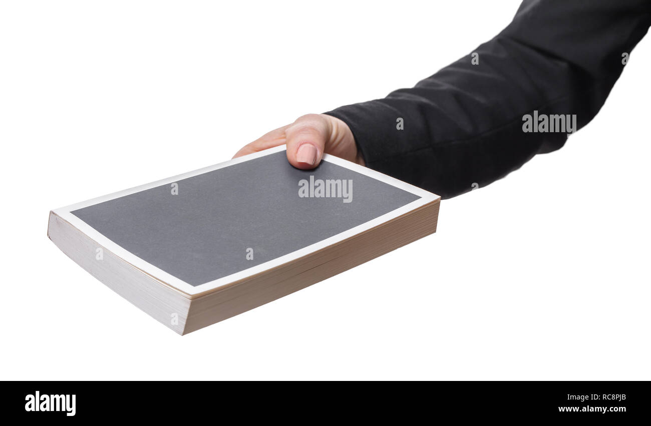 female hand holding book on white isolated background Stock Photo - Alamy