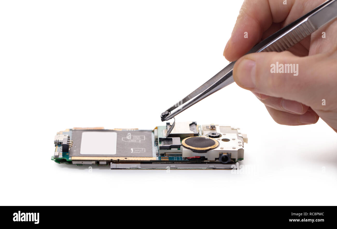 mobile phone repair, hands closeup on a white isolated background Stock ...