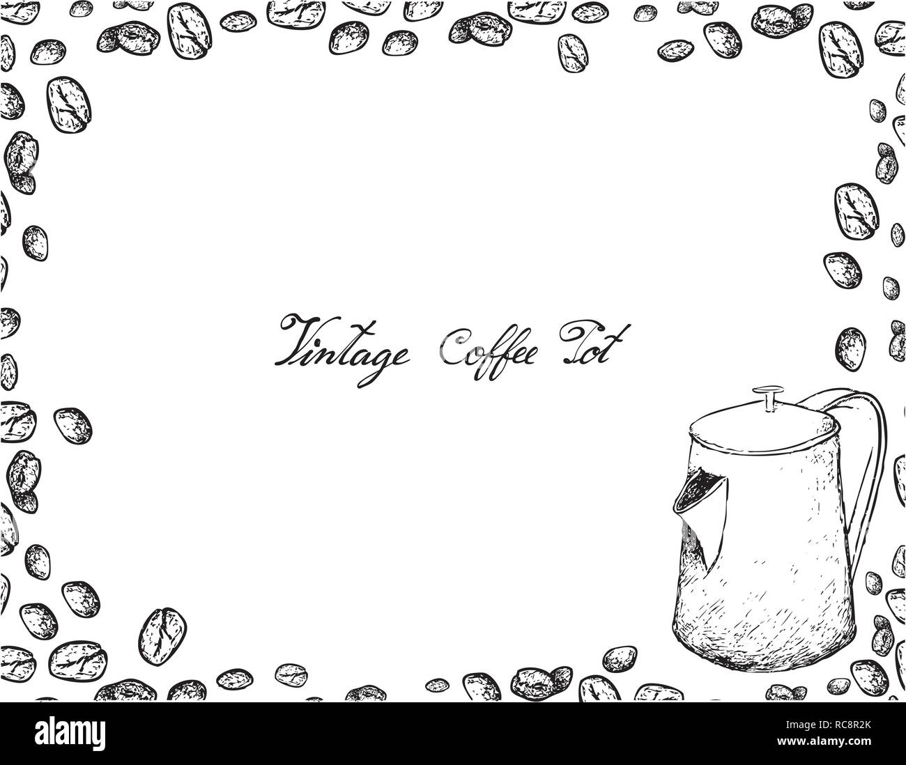 Illustration Hand Drawn Sketch of Coffee Beans with Vintage Metal Pot ...