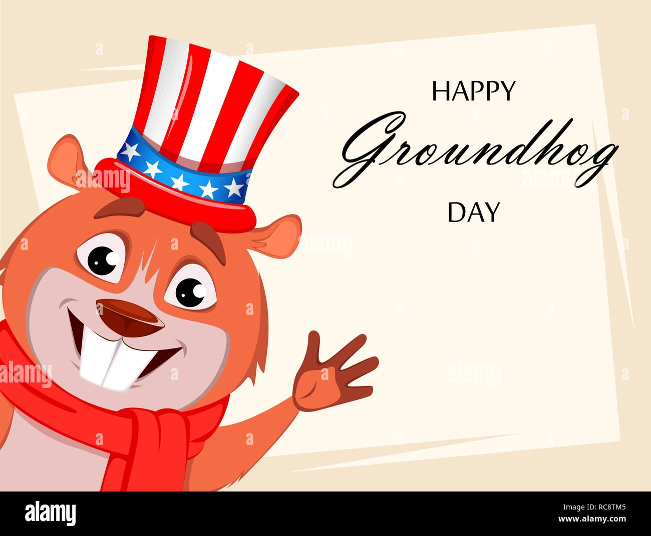 Happy Groundhog day. Funny marmot wearing Uncle Sam hat and waving hand ...