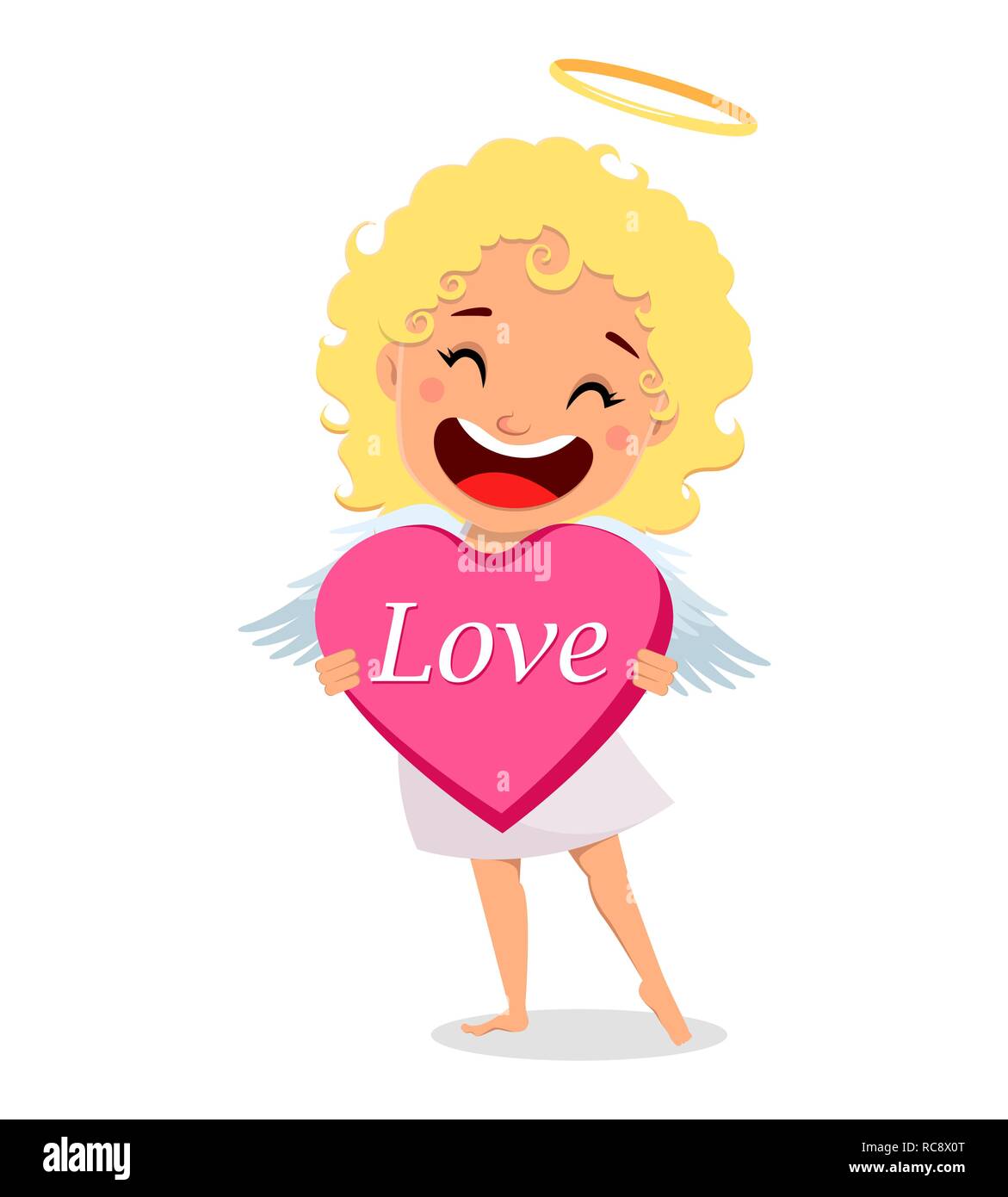 Cupid holds big pink heart. Cute girl cartoon character. Happy ...