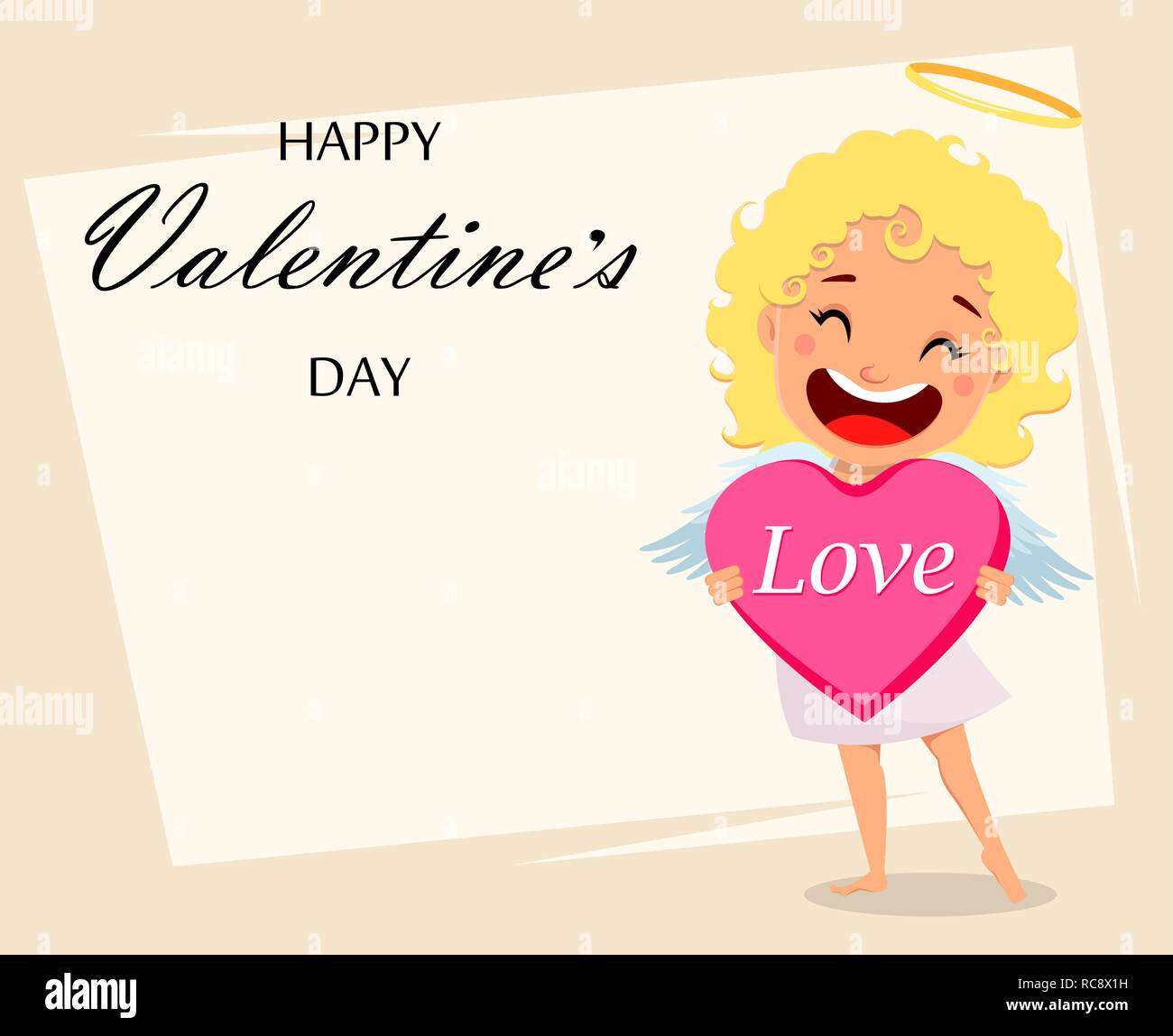 Cupid holds big pink heart. Cute girl cartoon character. Happy ...