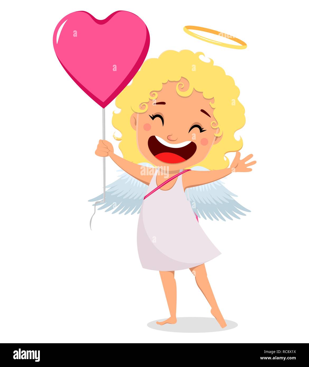 Cupid holds big pink balloon in shape of a heart. Cute girl cartoon ...