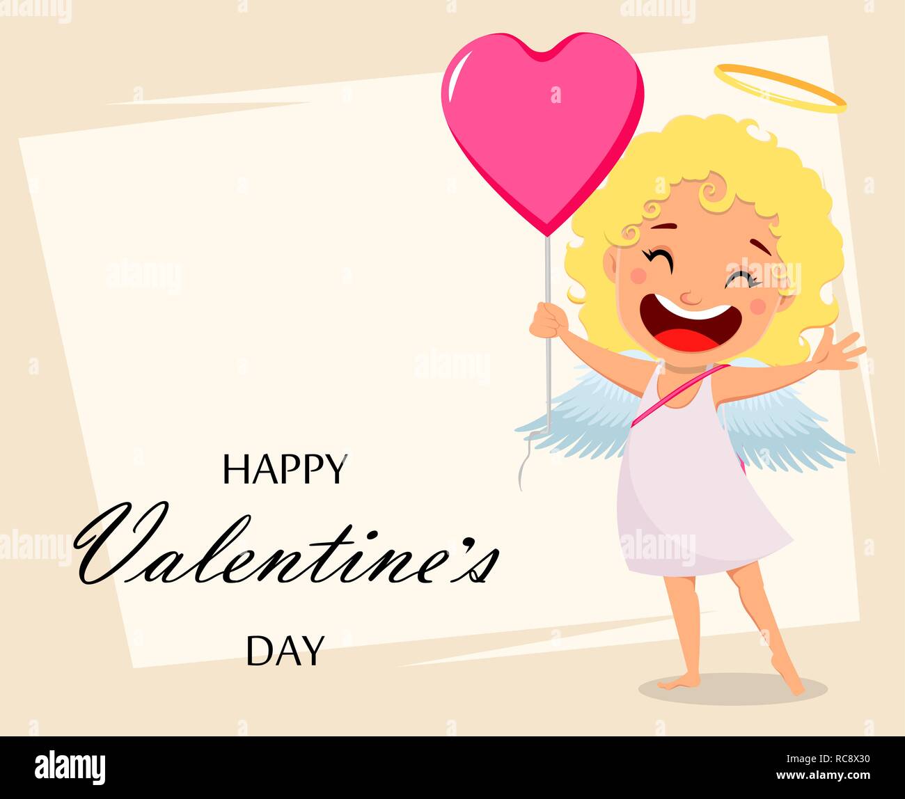 Cupid holds big pink balloon in shape of a heart. Cute girl cartoon ...