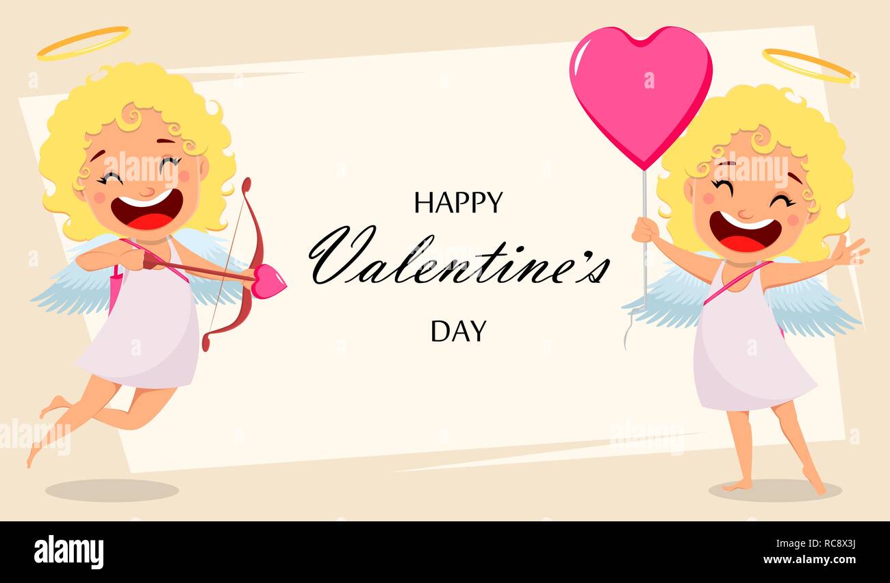 Happy Valentines Day greeting card with Cupid holding bow and arrow and ...