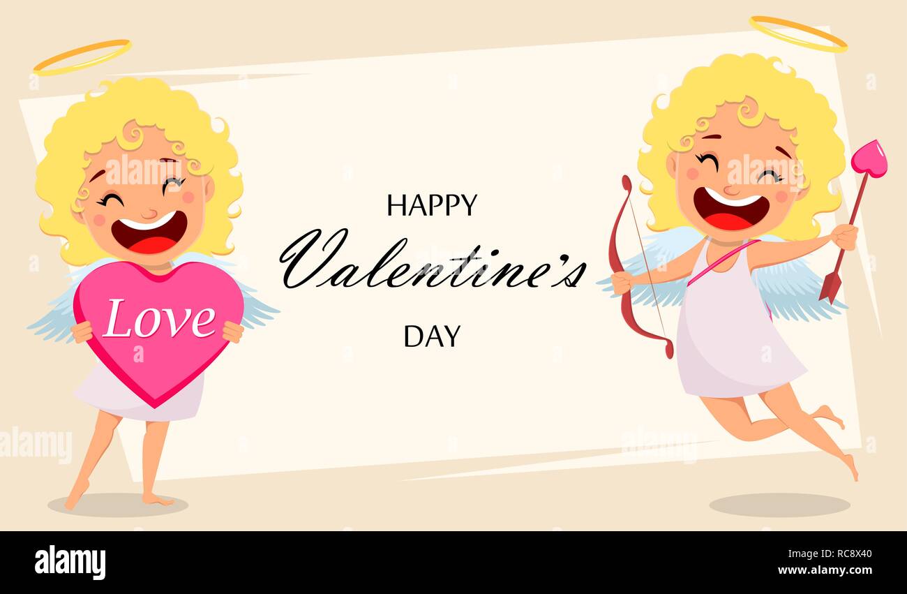 Happy Valentines Day greeting card with Cupid holding bow and arrow and ...