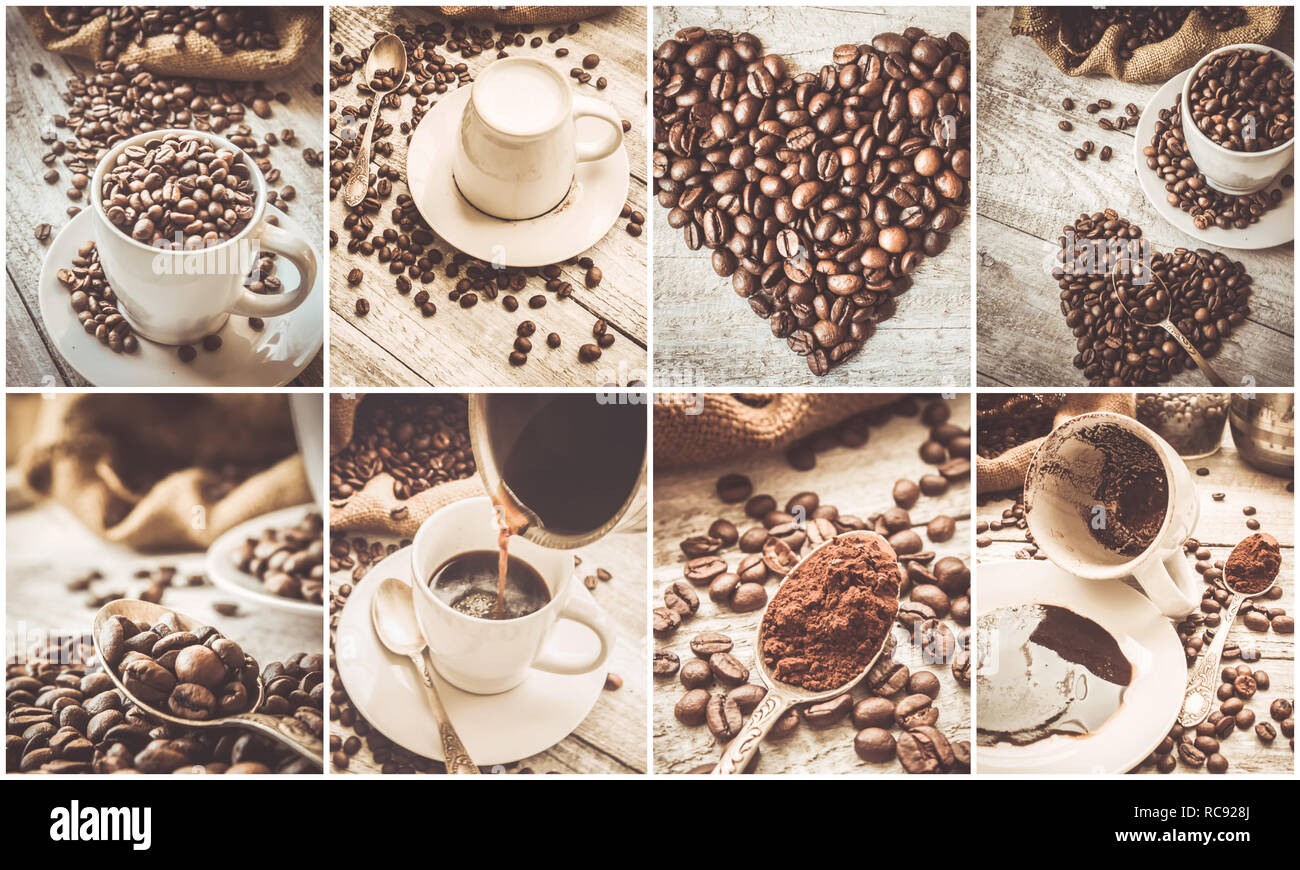 collage many pictures of coffee. Selective focus Stock Photo - Alamy