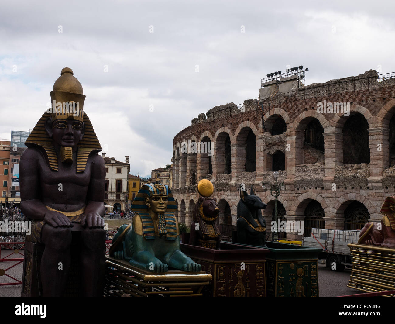 pieces of set design of the Aida opera are transported to the Arena for ...