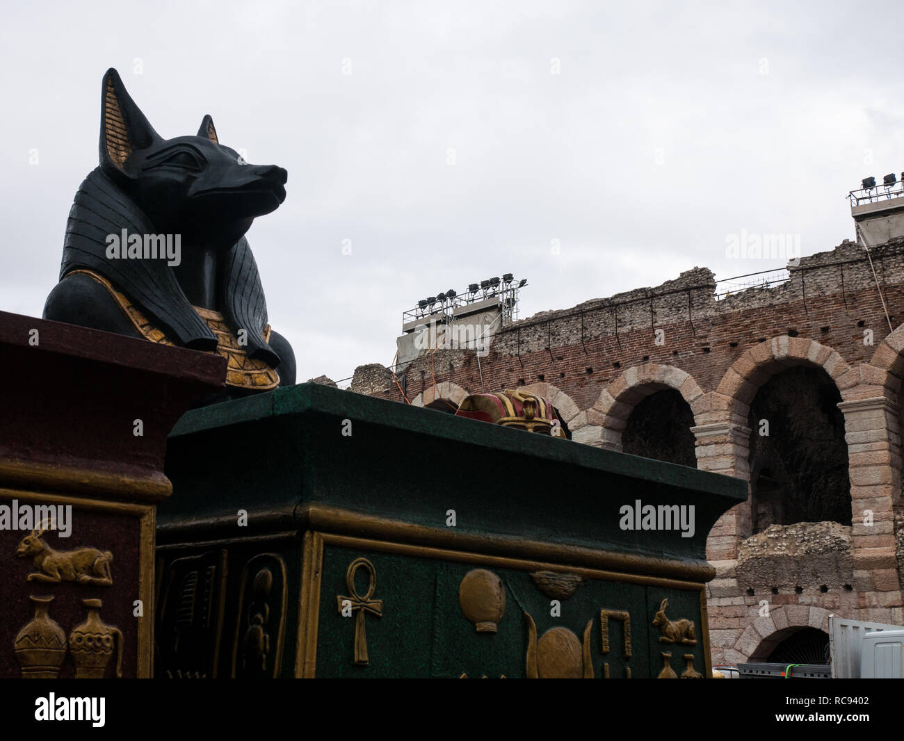 pieces of set design of the Aida opera are transported to the Arena for ...