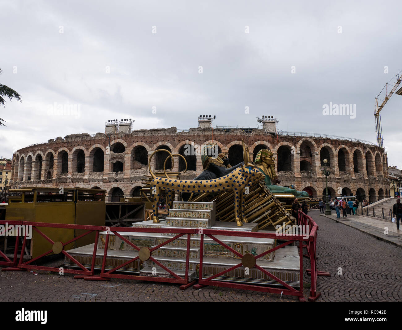 pieces of set design of the Aida opera are transported to the Arena for ...
