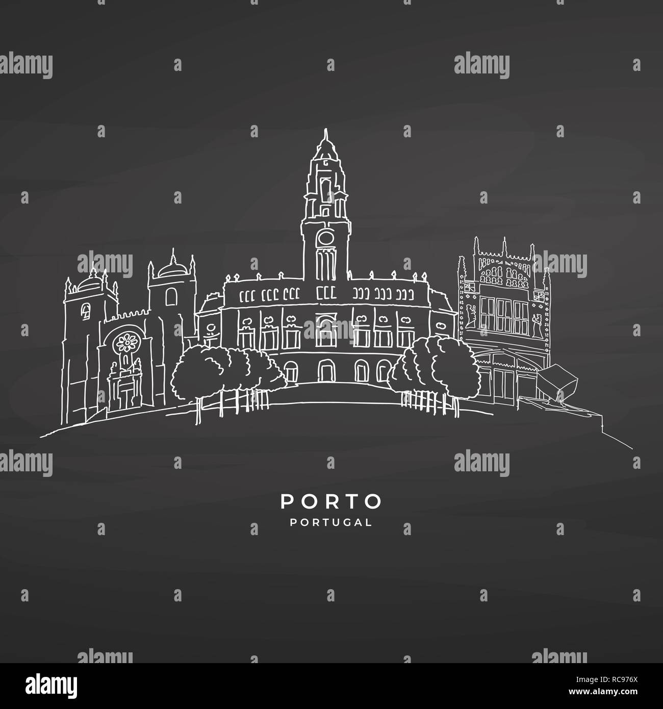 Porto, Portugal famous architecture on blackboard. Hand-drawn vector ...