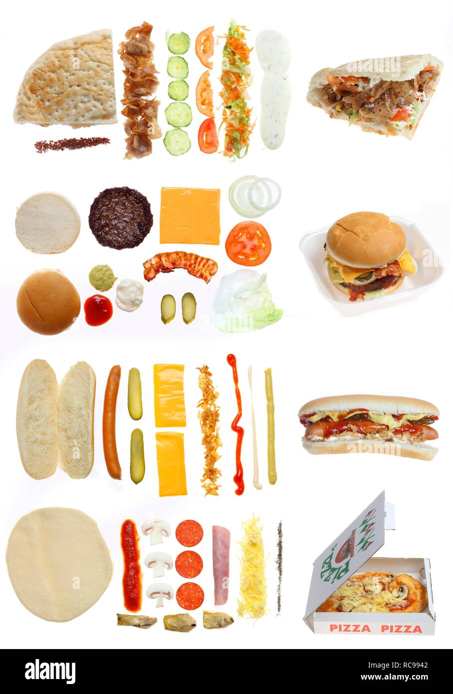 Fast food, ingredients for a doner kebab in pita bread, a hamburger ...