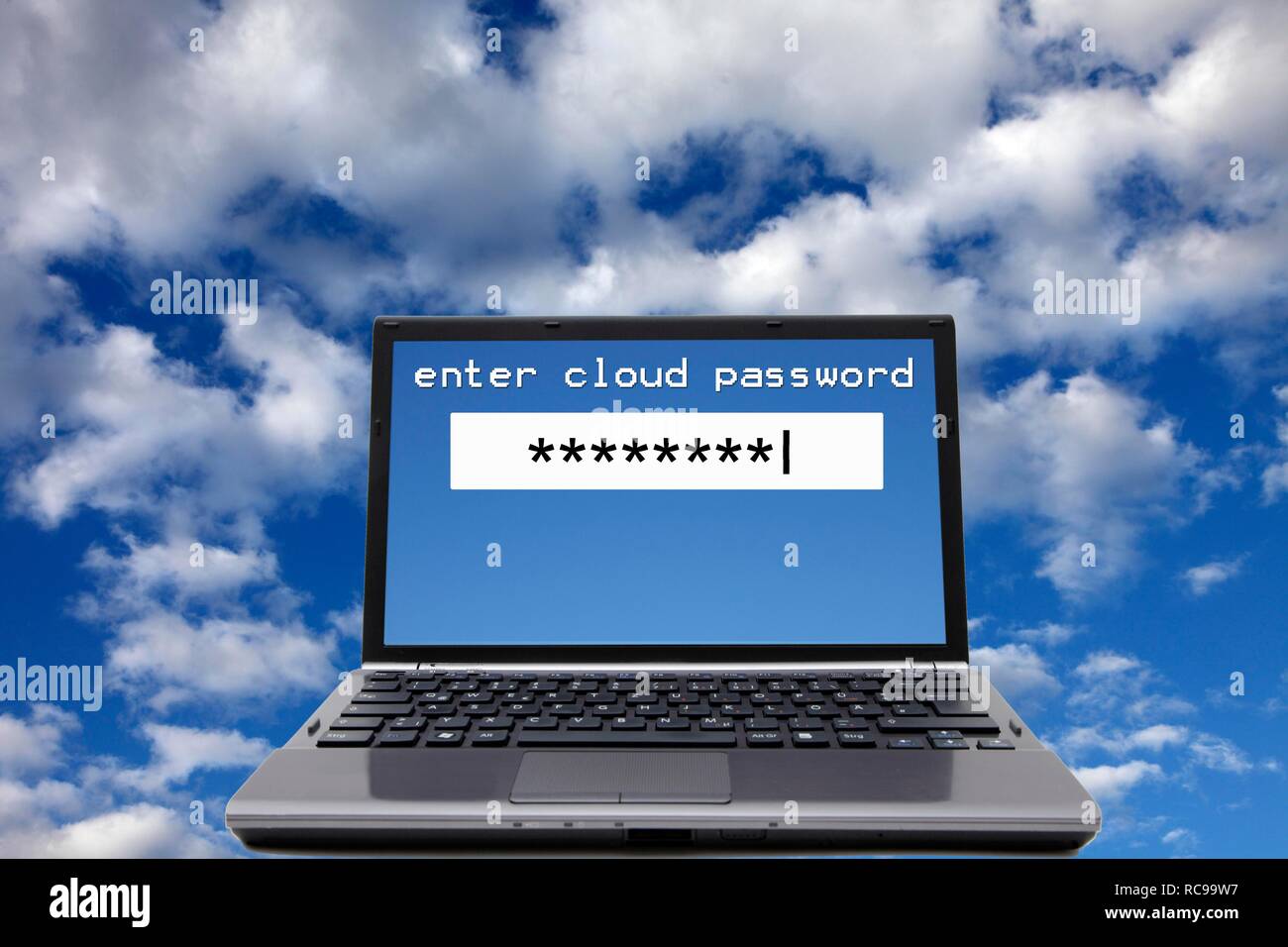 Laptop, lettering "enter cloud password", clouds, sky, symbolic image ...