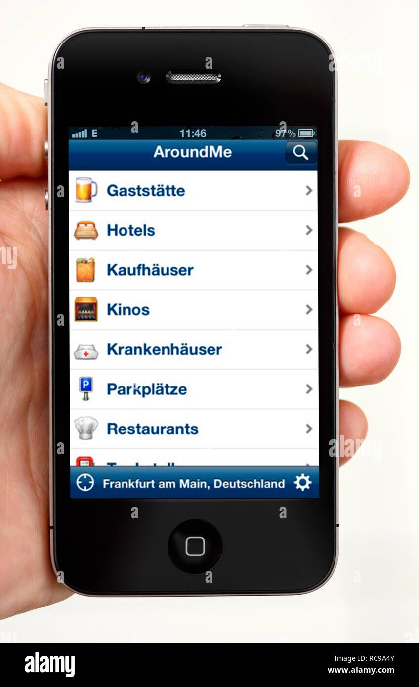 IPhone, smartphone, with the AroundMe app on the display, showing ...