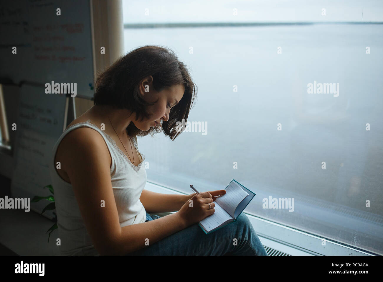 Pretty woman writing notes in the notebook in office. Planning concept ...