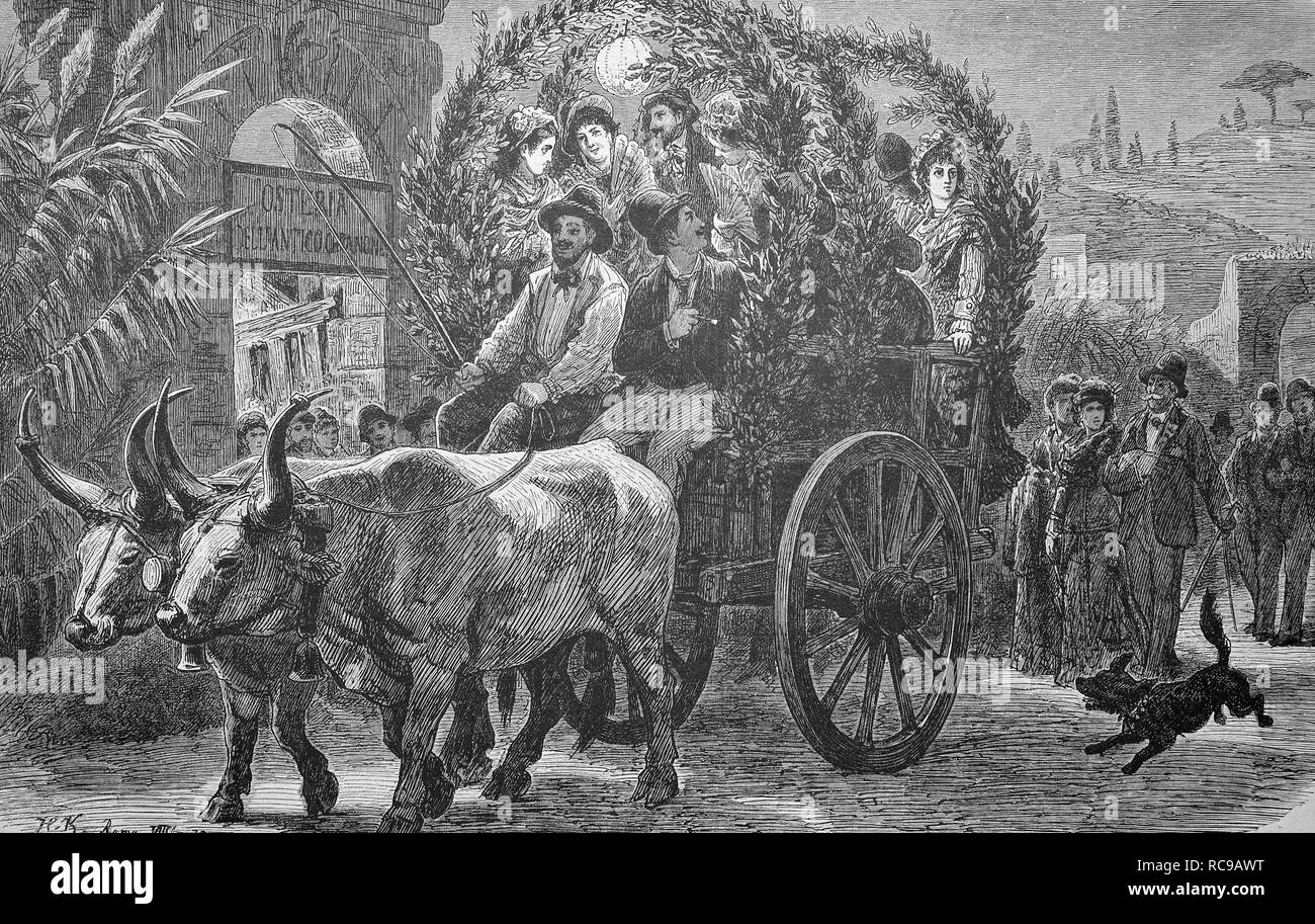 German artists in Rome taking a ride in a carriage, Italy, historic ...