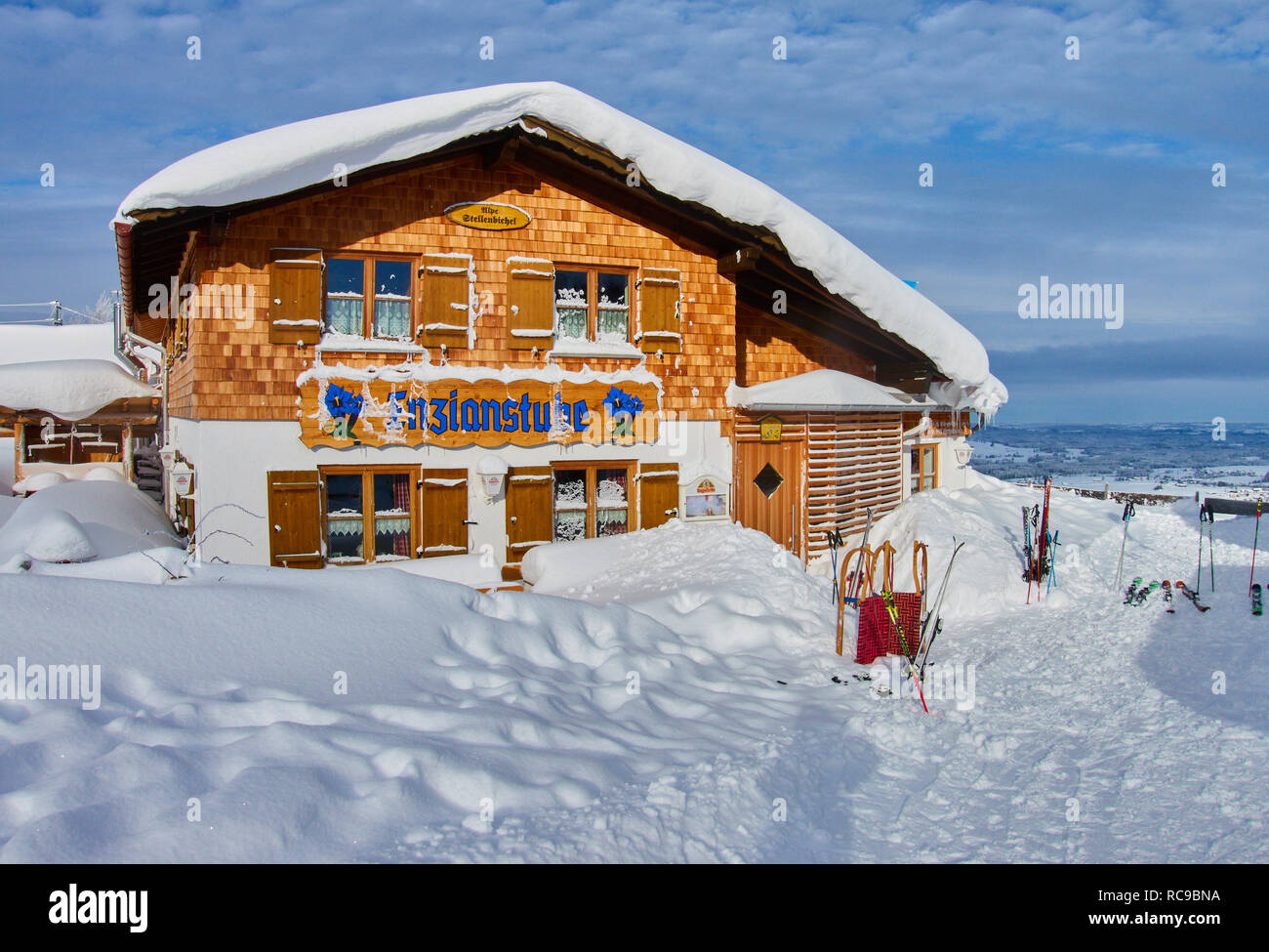 Mountain hut Enzianstube at the lift Alpspitzbahn on the mountain ...