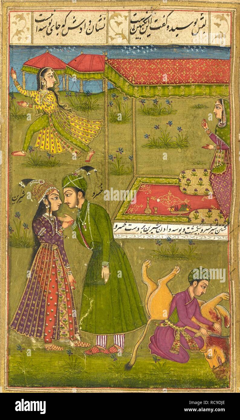 Khusrau with Shirin after he had killed the lion outside her tent. An ...