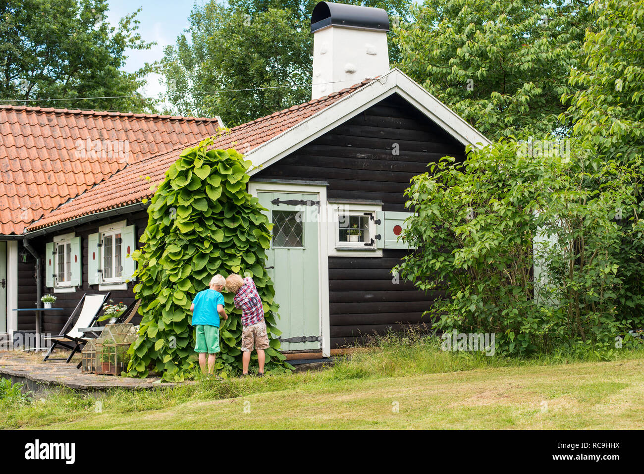Boys standing next to wooden house Stock Photo - Alamy