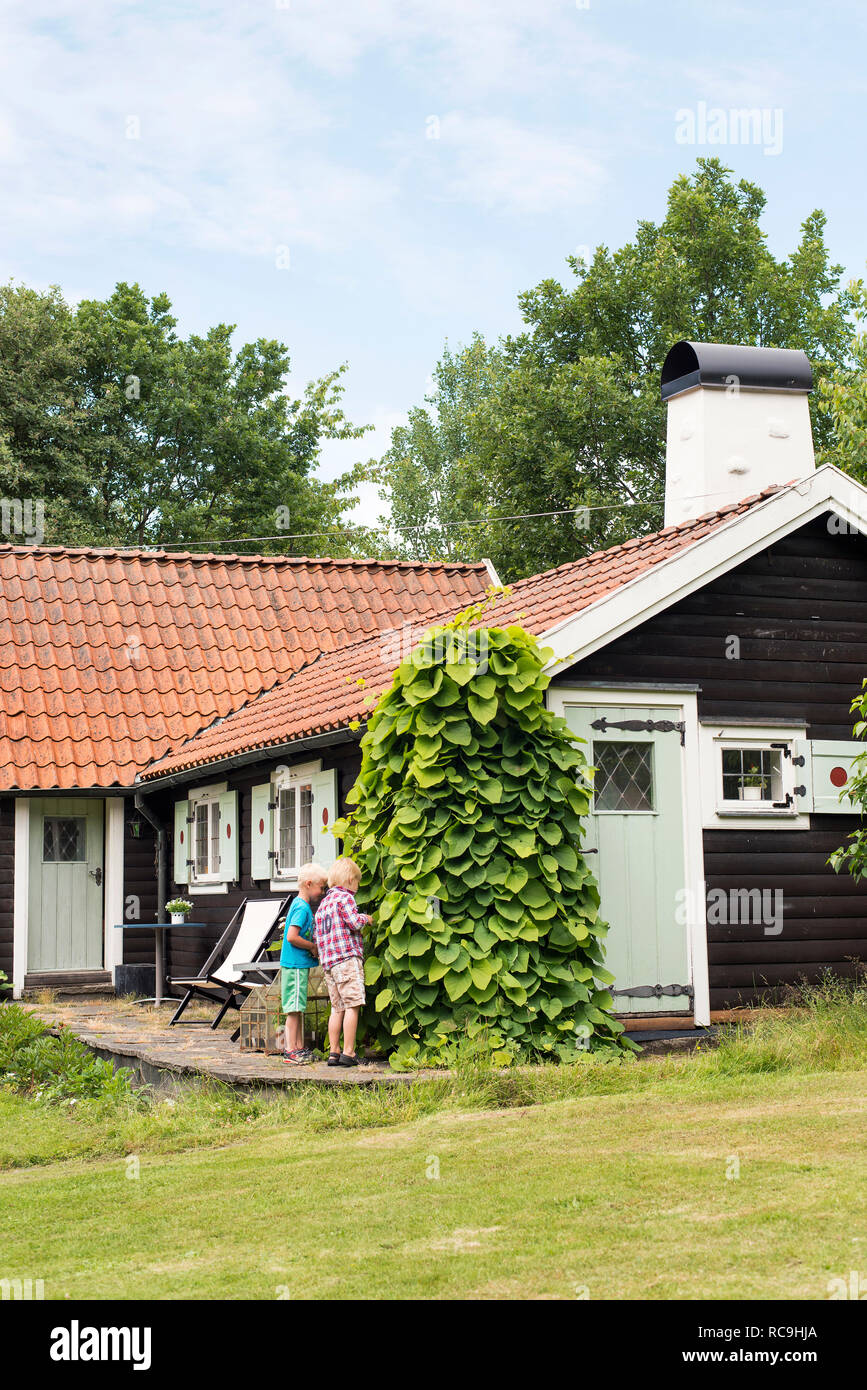 Boys standing next to wooden house Stock Photo - Alamy