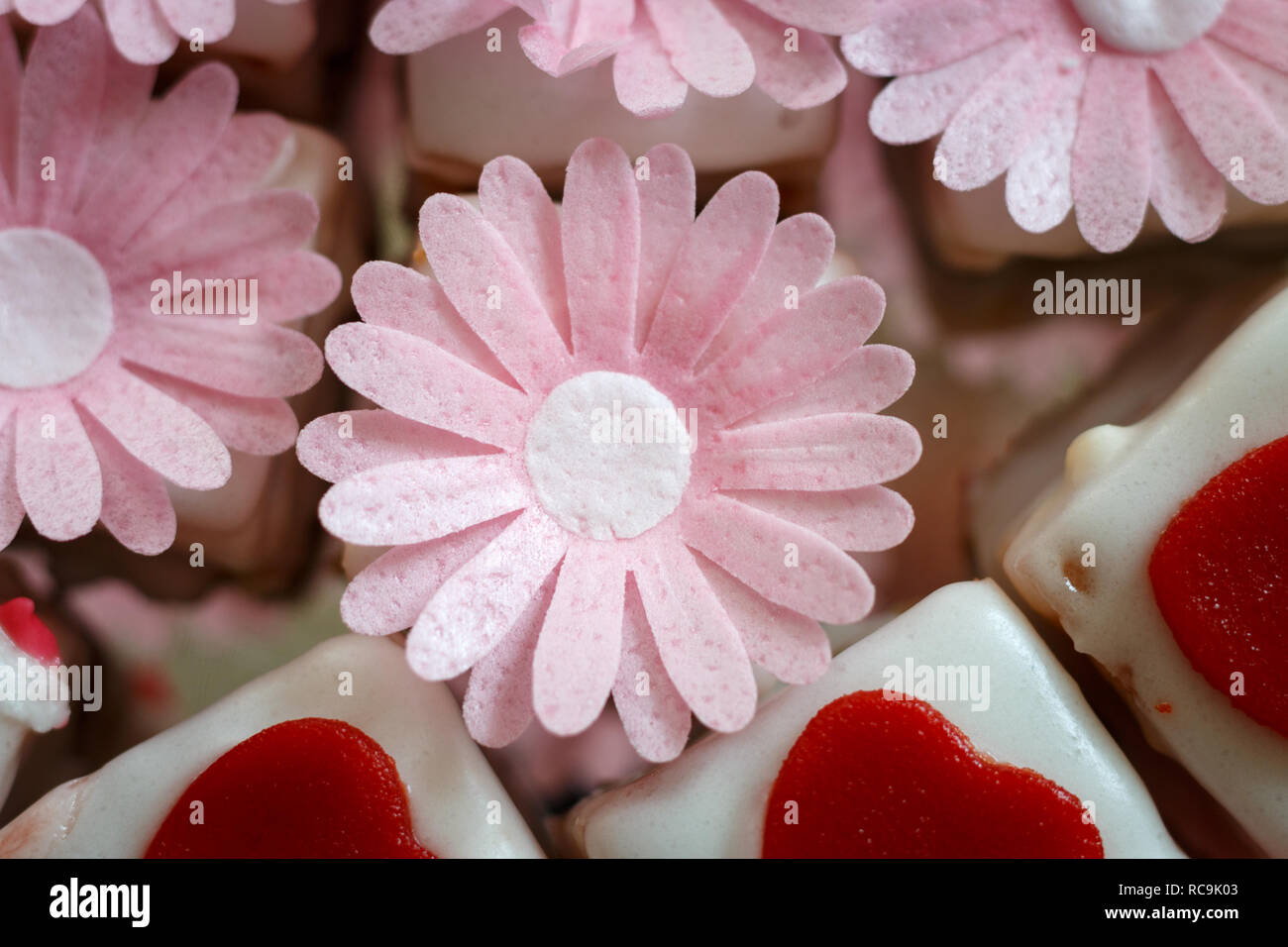 Colorful petit fours with flower decoration Stock Photo - Alamy