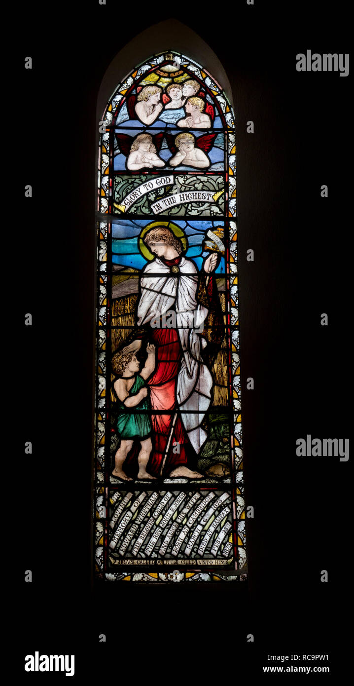 Stained glass window at the medieval St. Padarn's church in Llanbadarn ...
