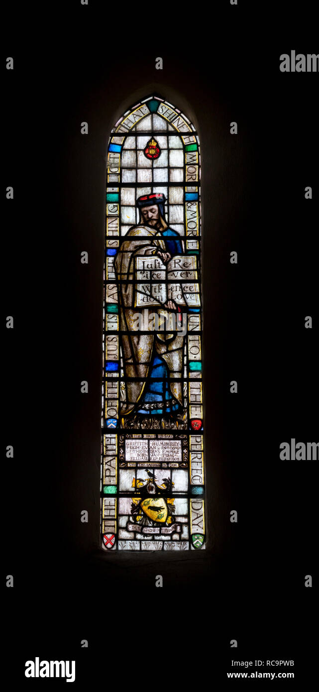 Stained glass window at the medieval St. Padarn's church in Llanbadarn ...