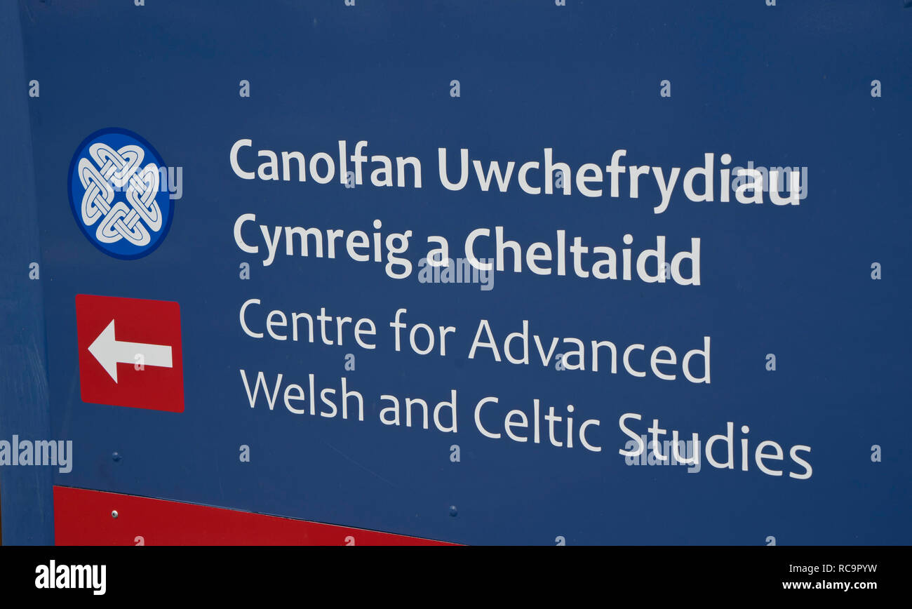 Bilingual Welsh and English sign at the National Library of Wales in ...