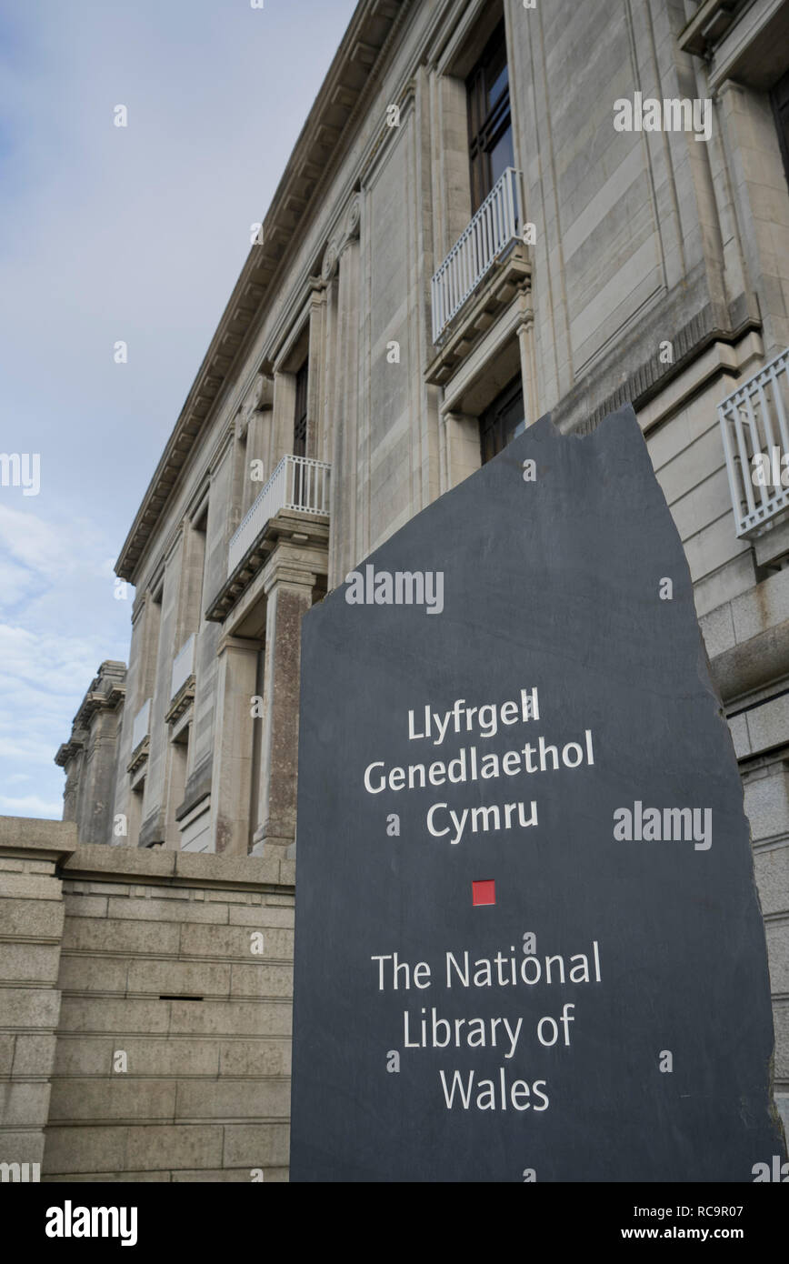 Bilingual Welsh and English sign at the National Library of Wales in ...