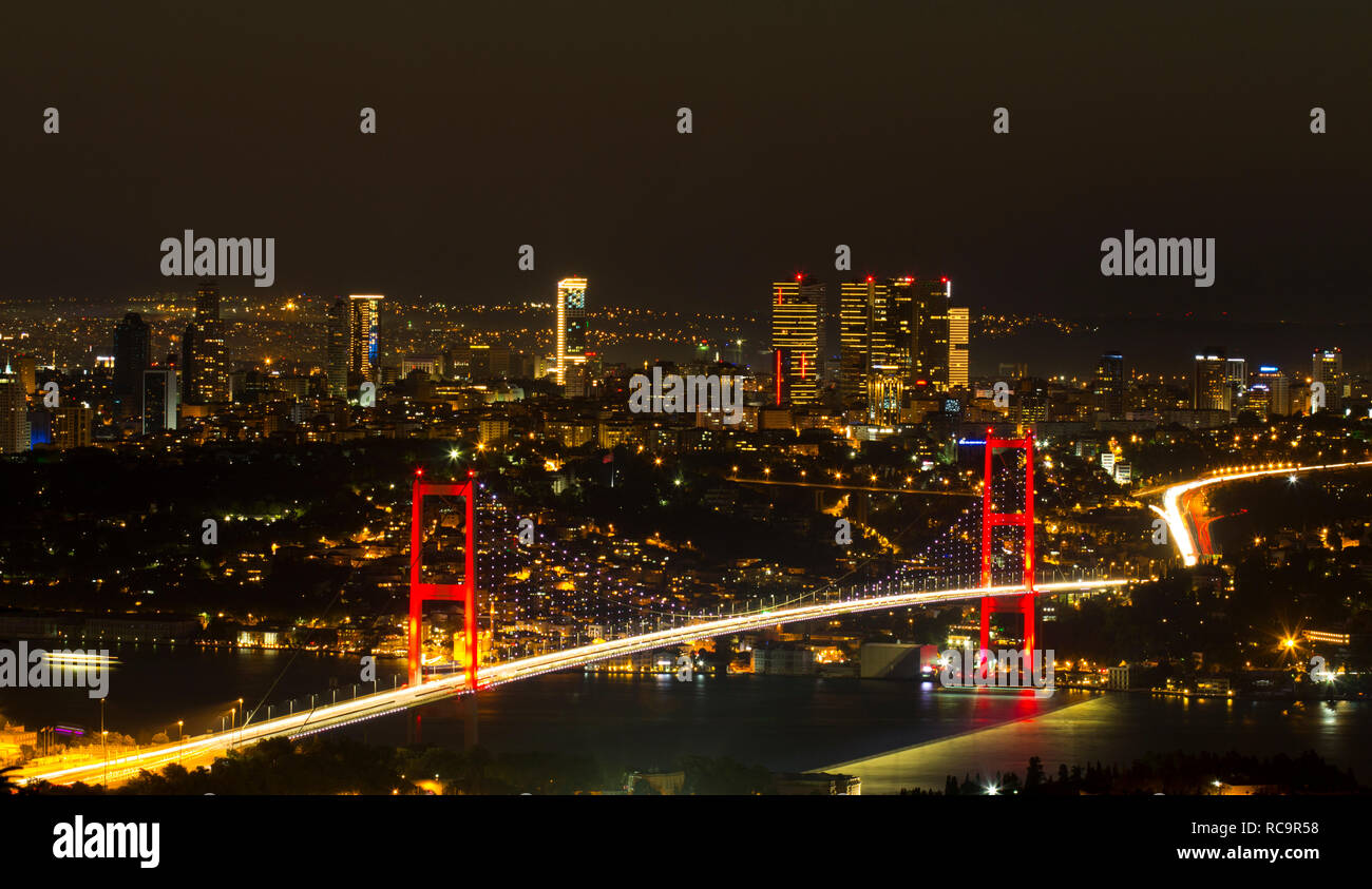 istanbul bosphorus night landscape and suspension bridge Stock Photo ...