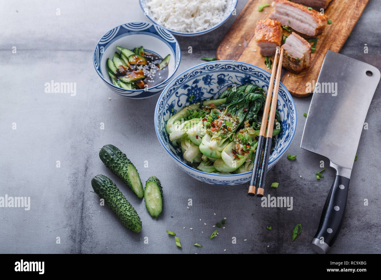 stir-fry spicy bok choy on a plate. top view from above Stock Photo - Alamy