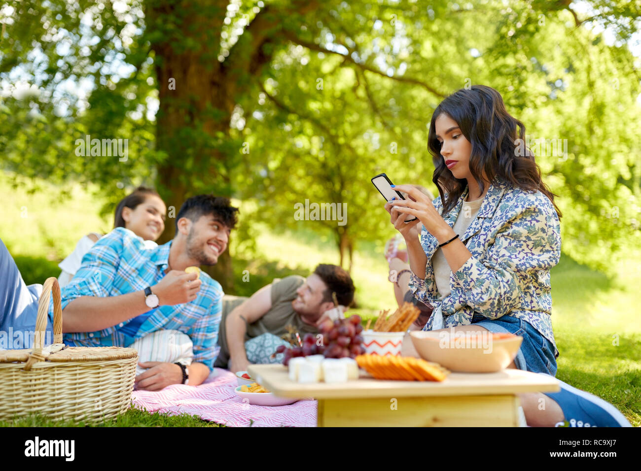 woman using smartphone at picnic with friends Stock Photo - Alamy