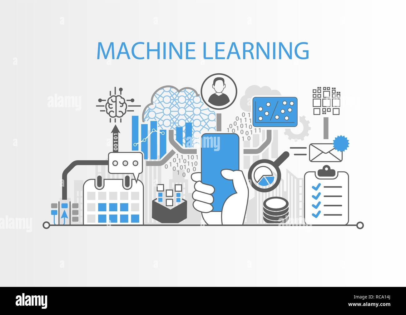 Machine learning concept with hand holding modern bezel free smartphone ...