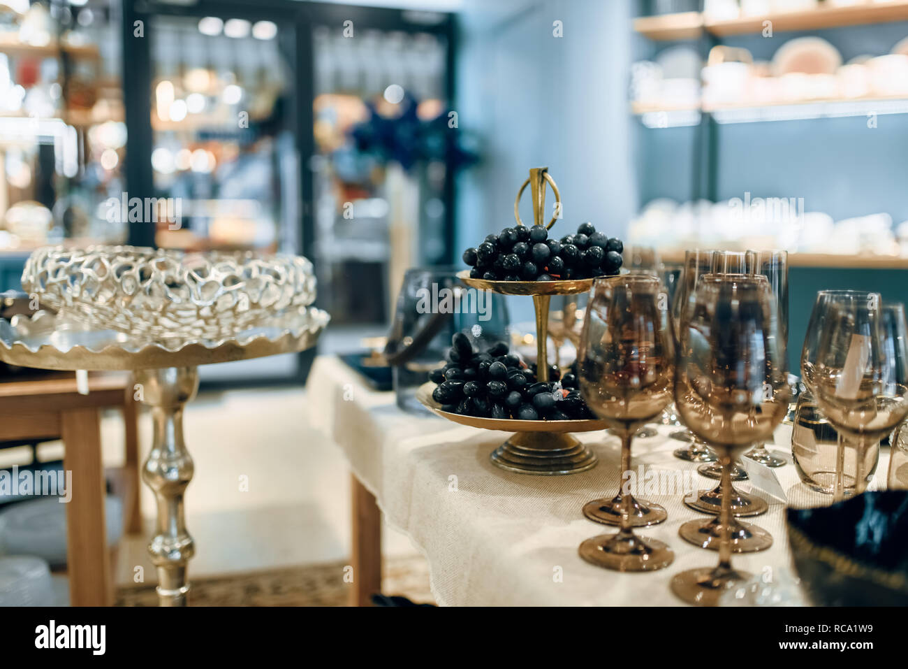 Glassware for banquet, table setting, nobody. Serving service, festive ...