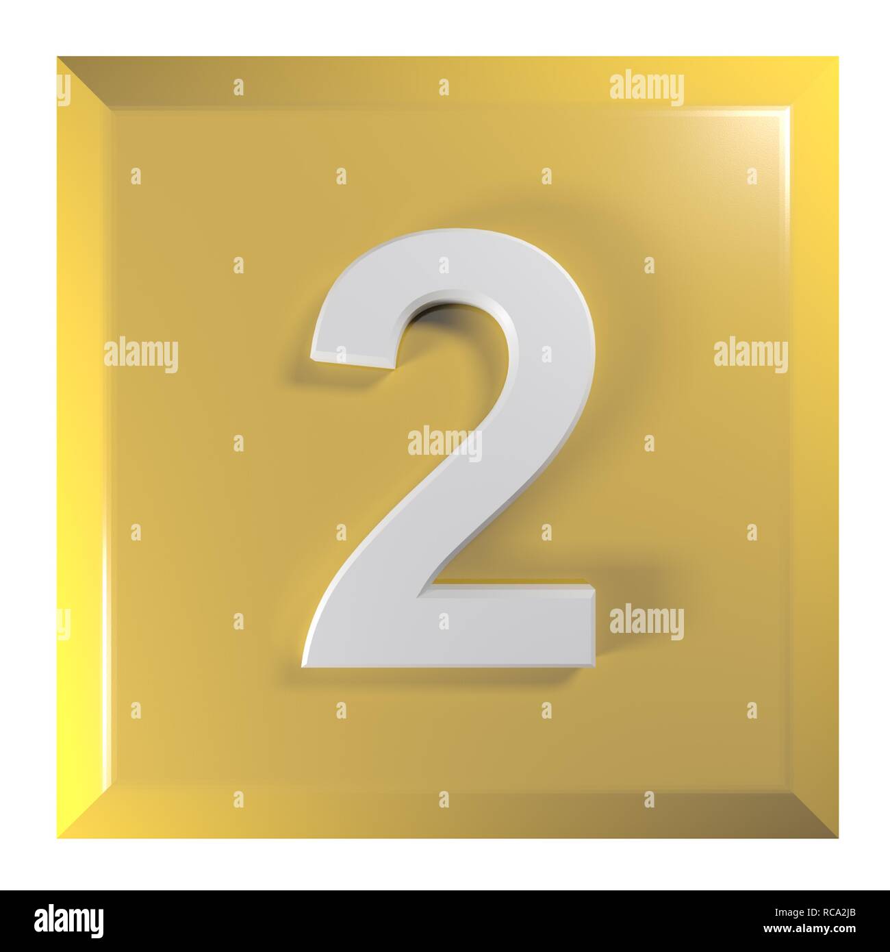 Number 2 square yellow - orange push button - 3D rendering illustration ...