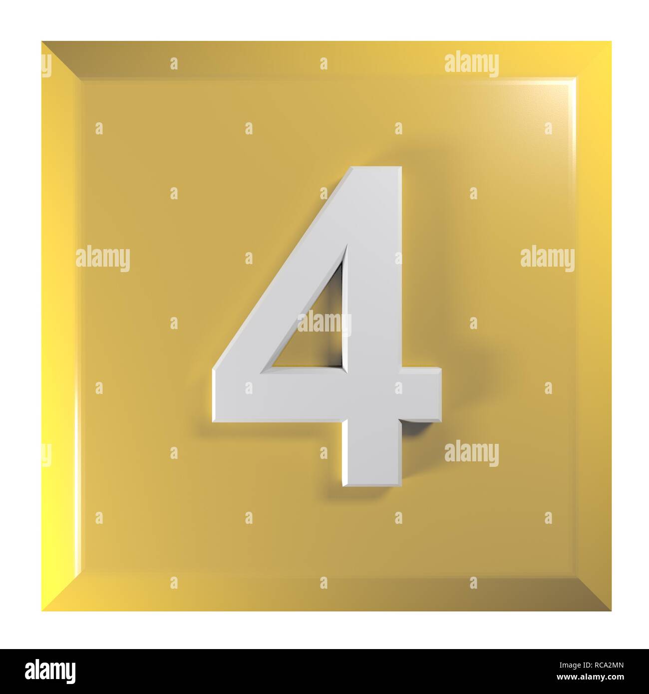 Number 4 square yellow - orange push button - 3D rendering illustration ...