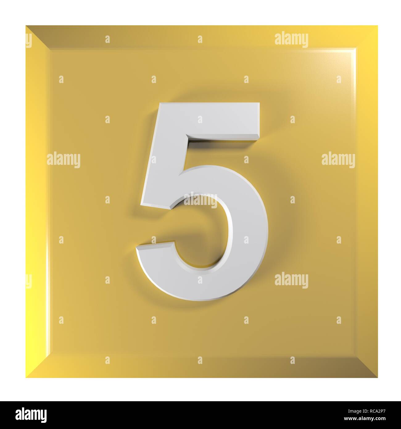 Number 5 square yellow - orange push button - 3D rendering illustration ...
