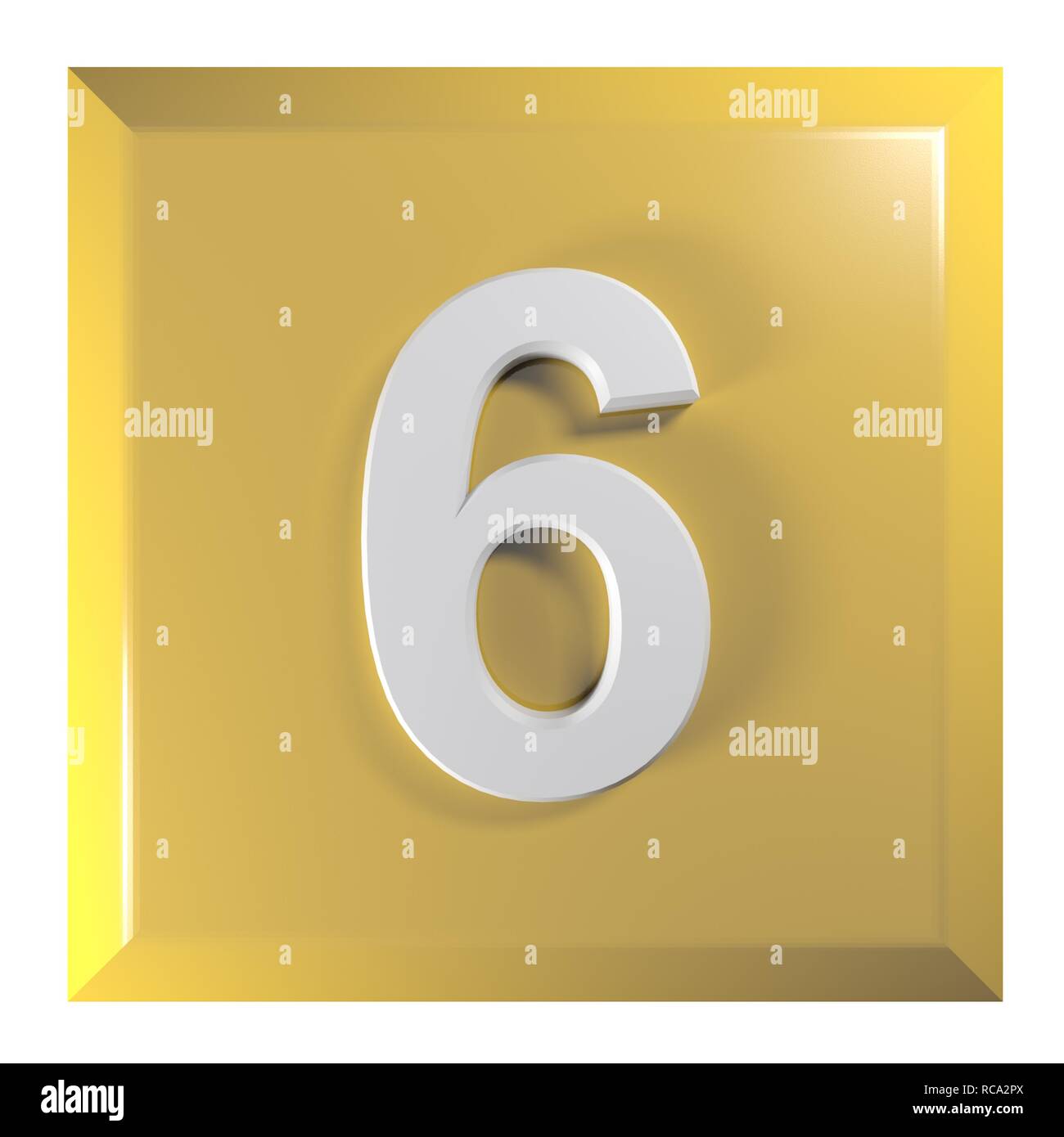 Number 6 square yellow - orange push button - 3D rendering illustration ...