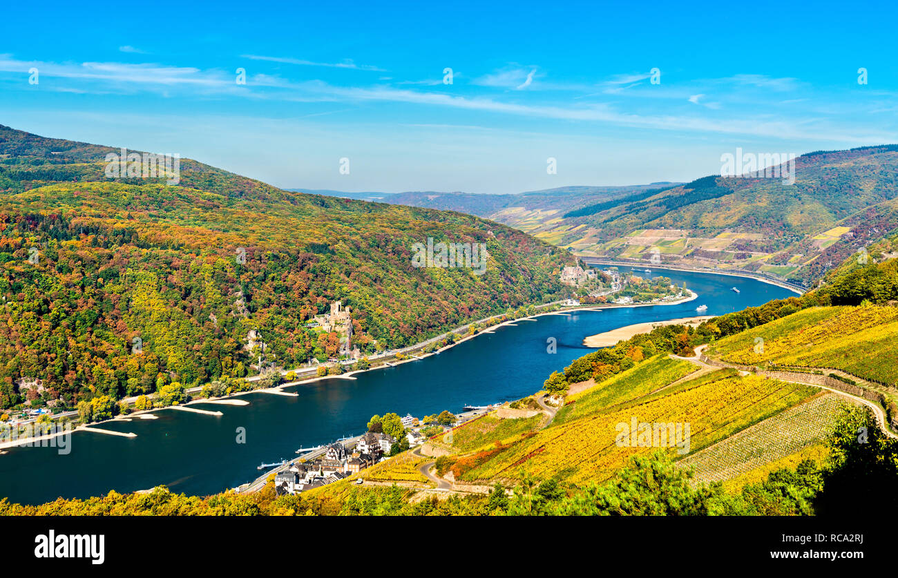 View of the Rhine Gorge with Rheinstein and Reichenstein Castles in ...